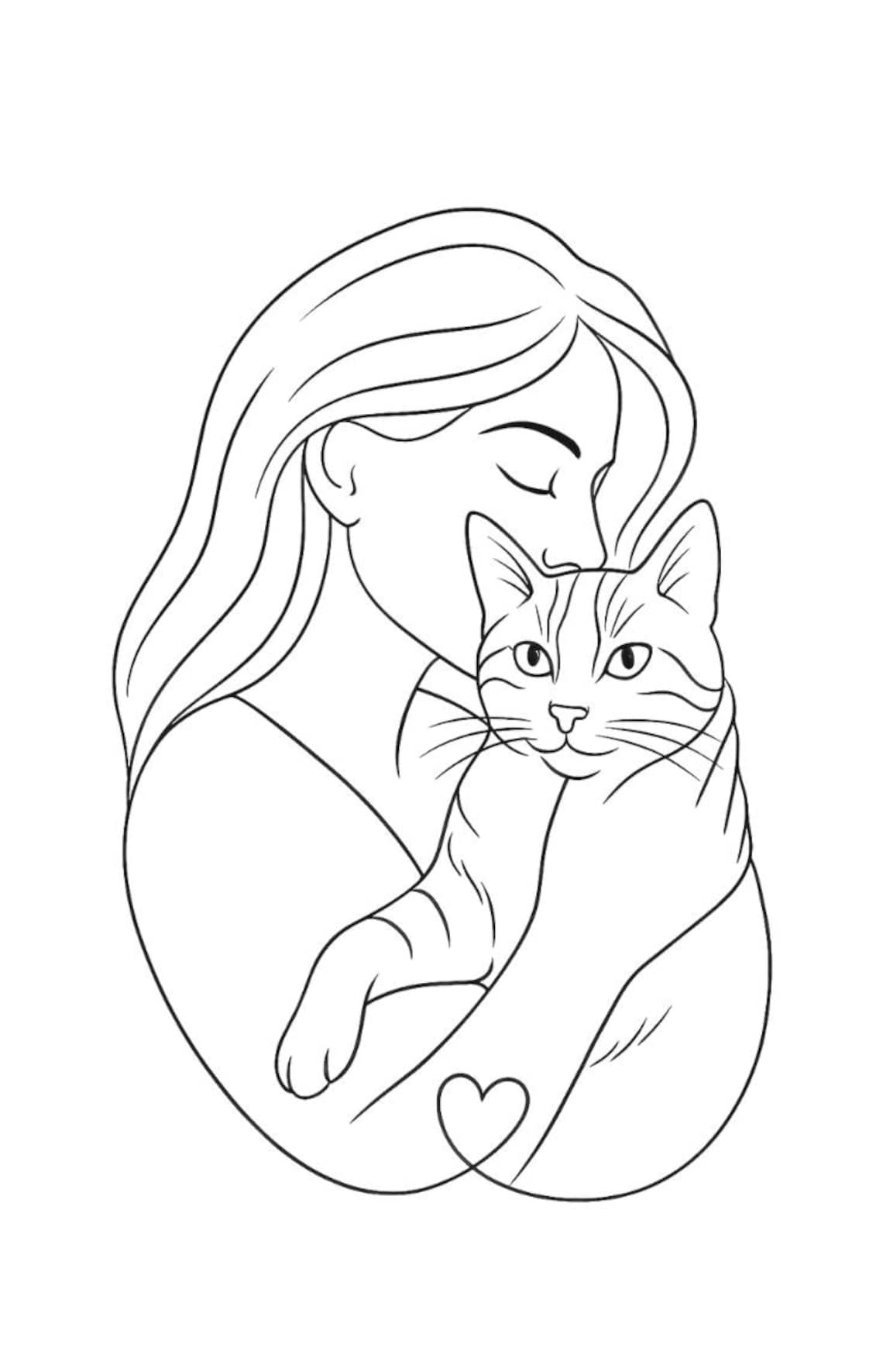 Woman Hugging Cat Line Art Drawing for Personalised Gift | Minimalist ...