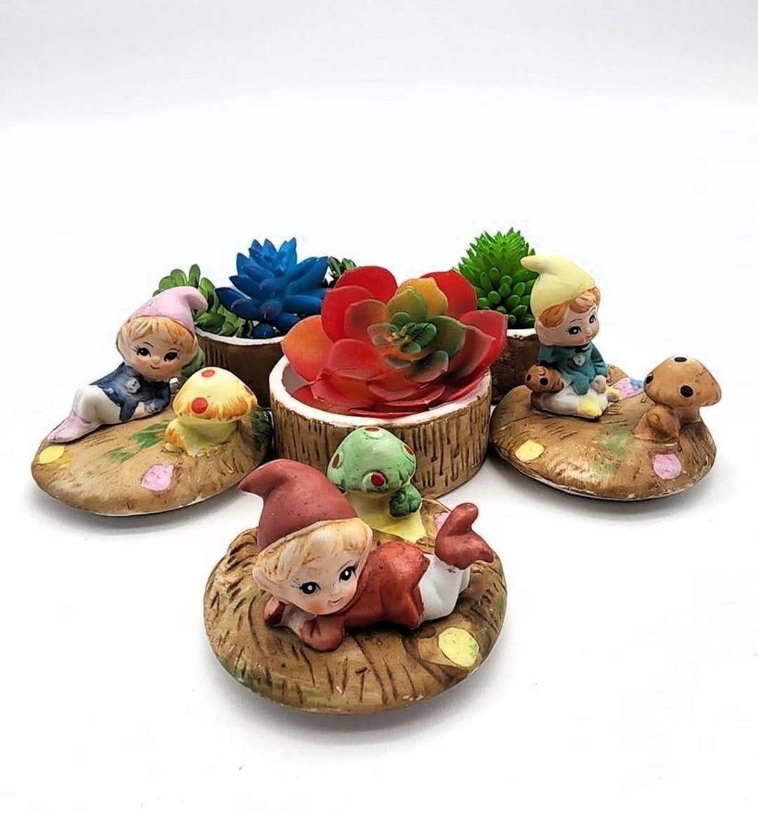 Vintage HOMCO Pixie Gnome Mushroom Trinket Box Set: Hand-painted Lidded ...