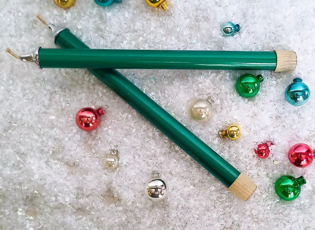 Vintage Set 2 Green Taper Metal Oil Burning Candle, Mid-century Taper ...