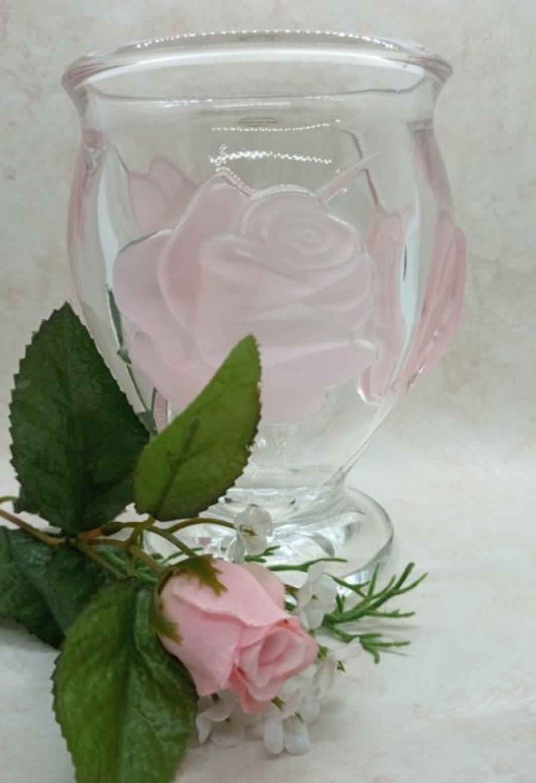 Teleflora Embossed Rose Vase: 3D Pink Frosted Glass, Made in France - Etsy