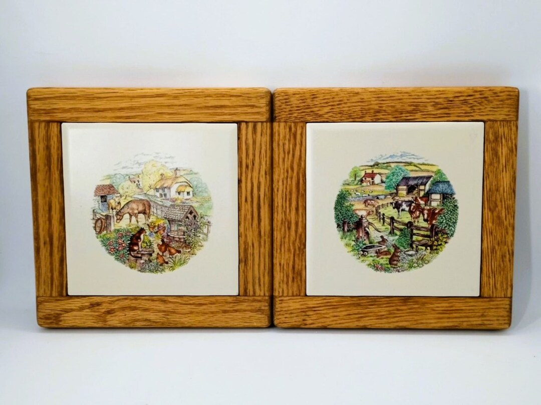 Vintage Decorative Ceramic Cottage Farm Scene Tile/trivet Wood Framed ...