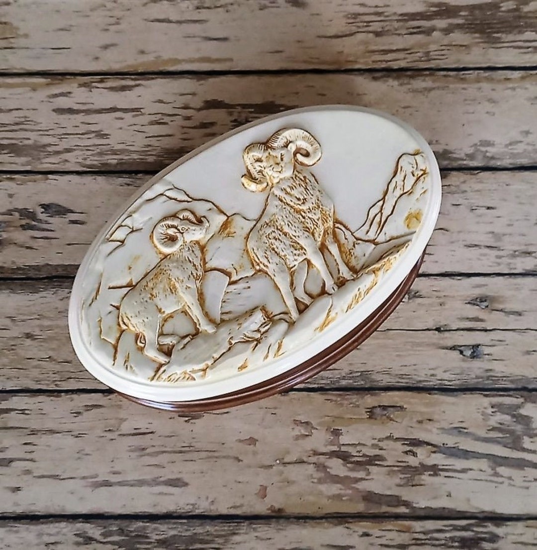 Vintage Large Oval Handmade Ceramic Mountain Rams Trinket Box - Jewelry ...