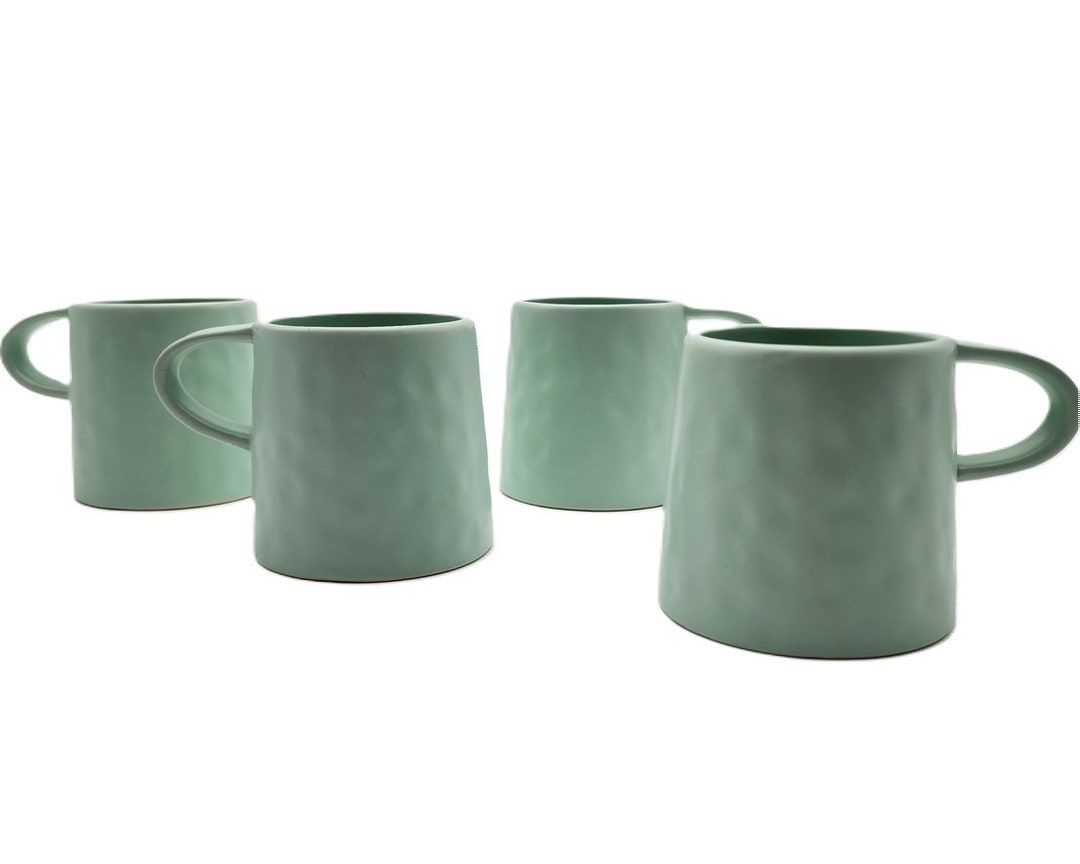 Set of 4 Mint Green Color Coffee Mugs/cups Ceramic Hammer Style by Be ...