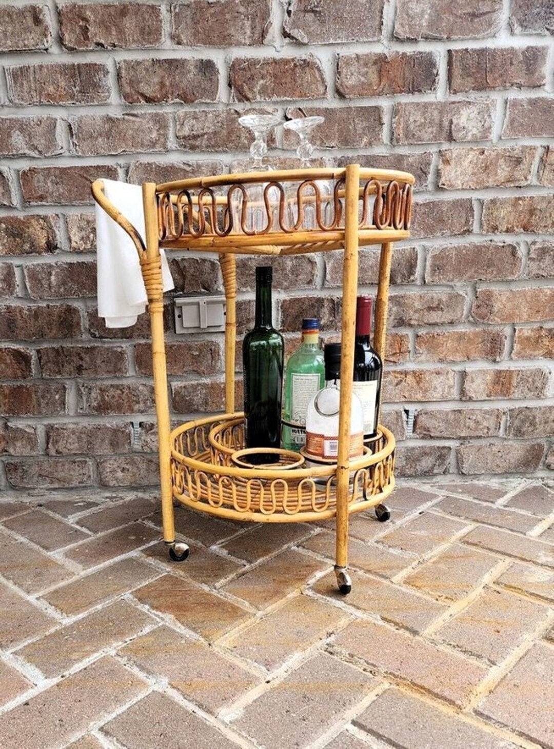 Italian Bohemian Round Serving Bar Trolley Cart in Bamboo and Rattan ...