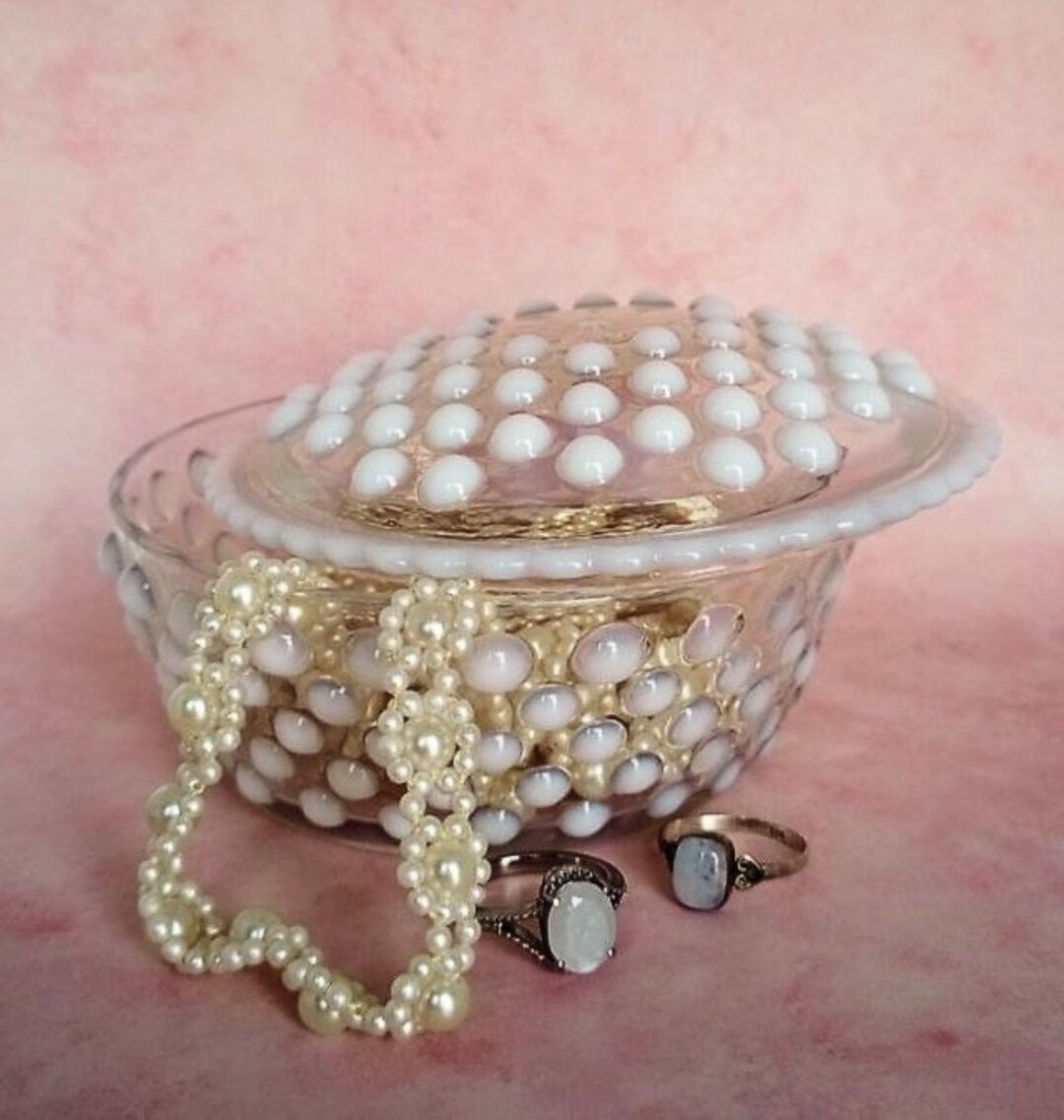 Vintage Anchor Hocking Round Hobnail Moonstone Powder Box With Lid ...