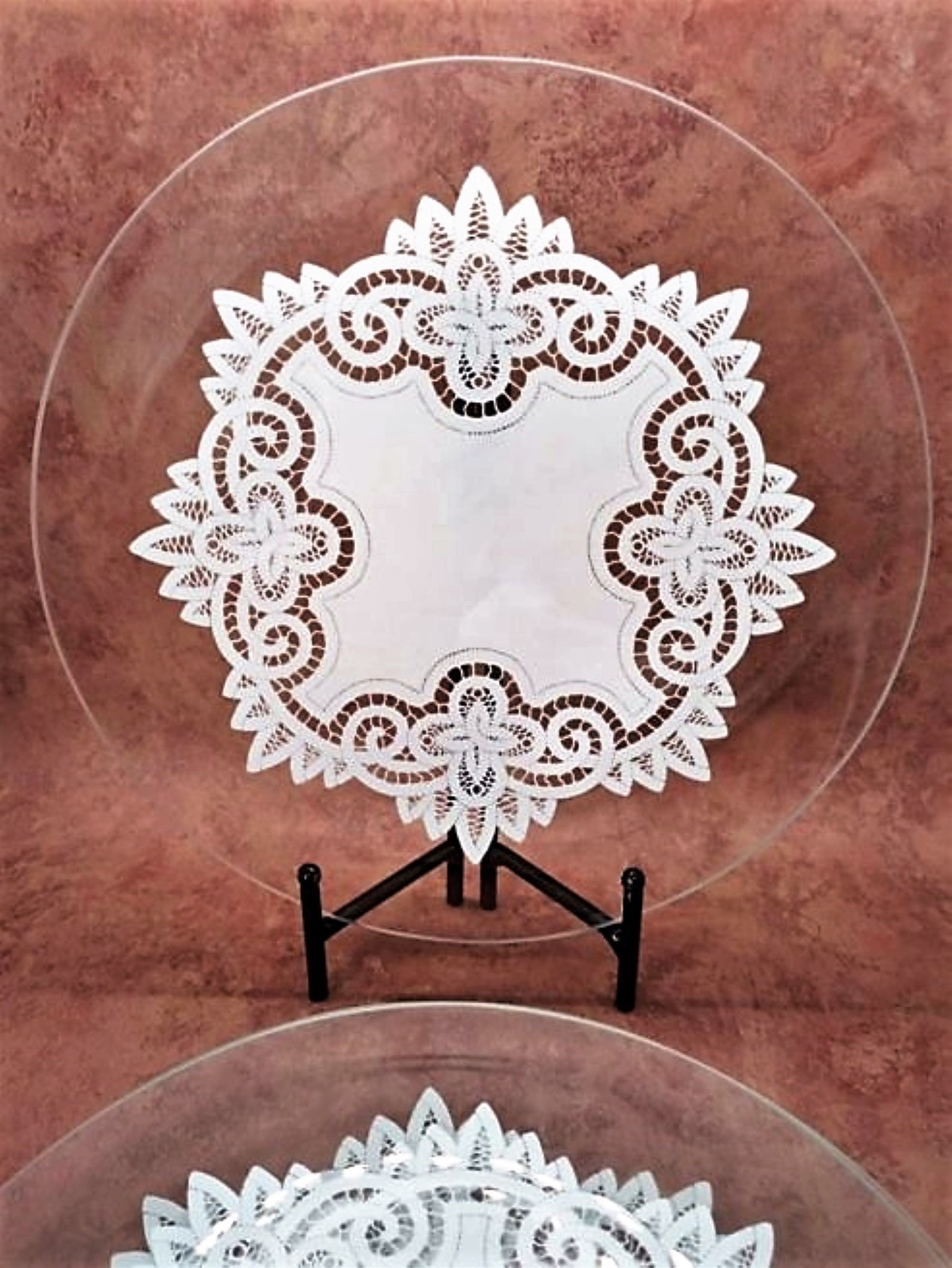 Set of 5 Battenberg Lace Plates Luncheon Plate Clear Glass W/white ...