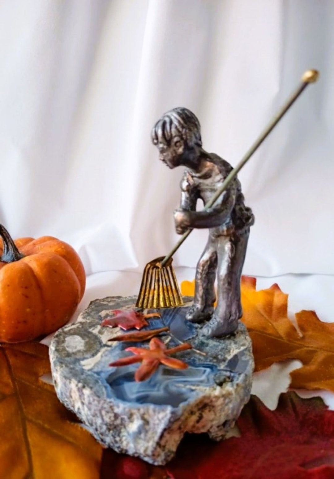 Vintage Handmade Geode Rock Metal Sculpture Figurine Little Boy Raking ...