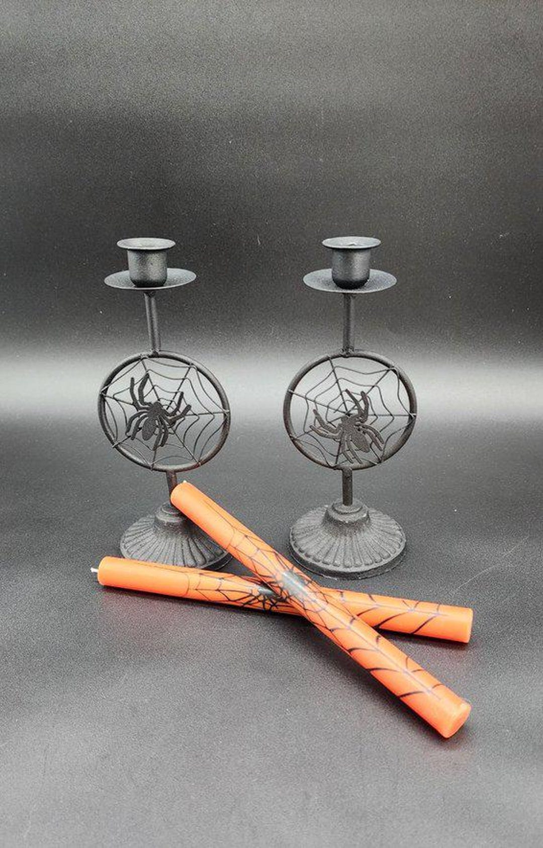 A Pair of Black Candle Holders- Halloween Spider Web Taper Candle - Etsy