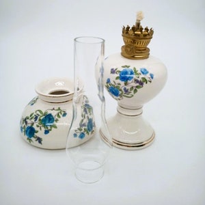 Vintage Enesco Miniature Hurricane Oil Lamp With Blue Floral Shade and ...