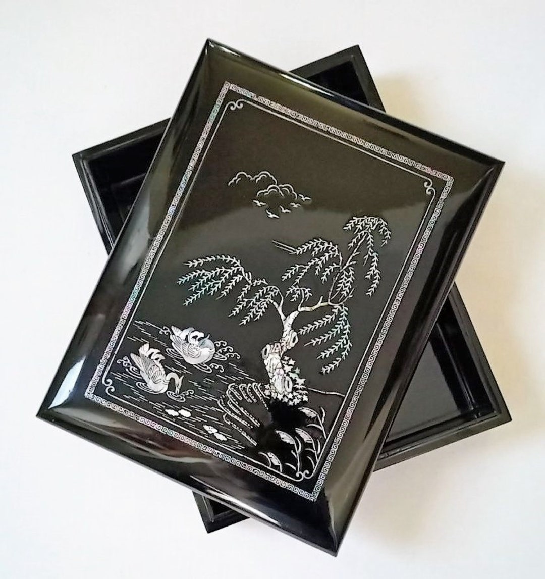 Vintage Large Japanese Black Lacquer Box With Removable Lid and Mother ...