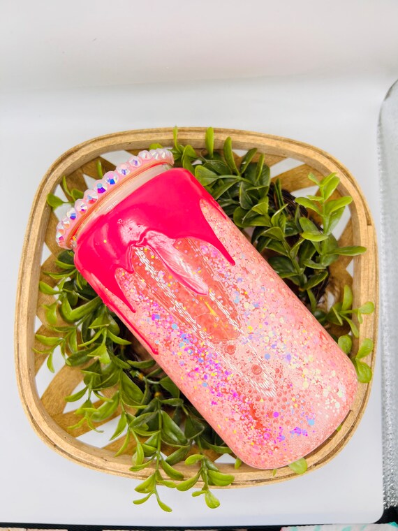 Drippy Pinky Snow Globe Glass Cup With Lid and Straw - Etsy