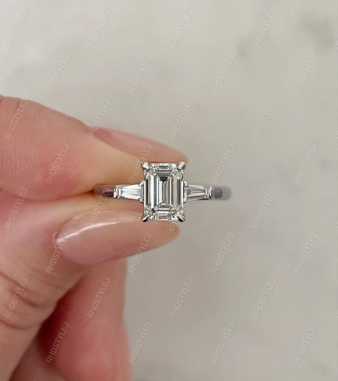 2ct Emerald Cut and Baguette Cut Three Stone Engagement Ring, Emerald ...