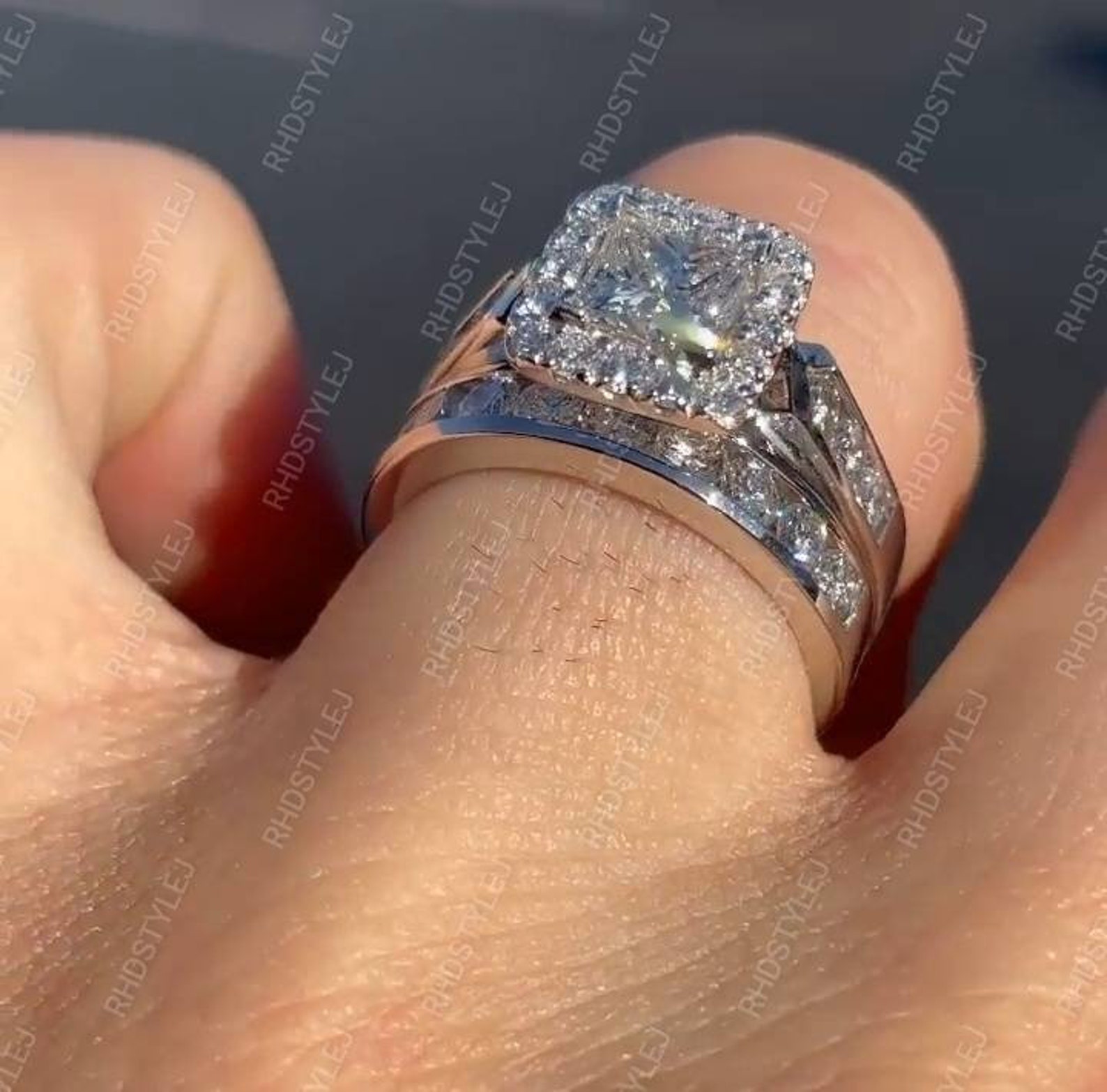 Princess Cut Halo Engagement Ring Set, Princess Cut Moissanite Bridal ...