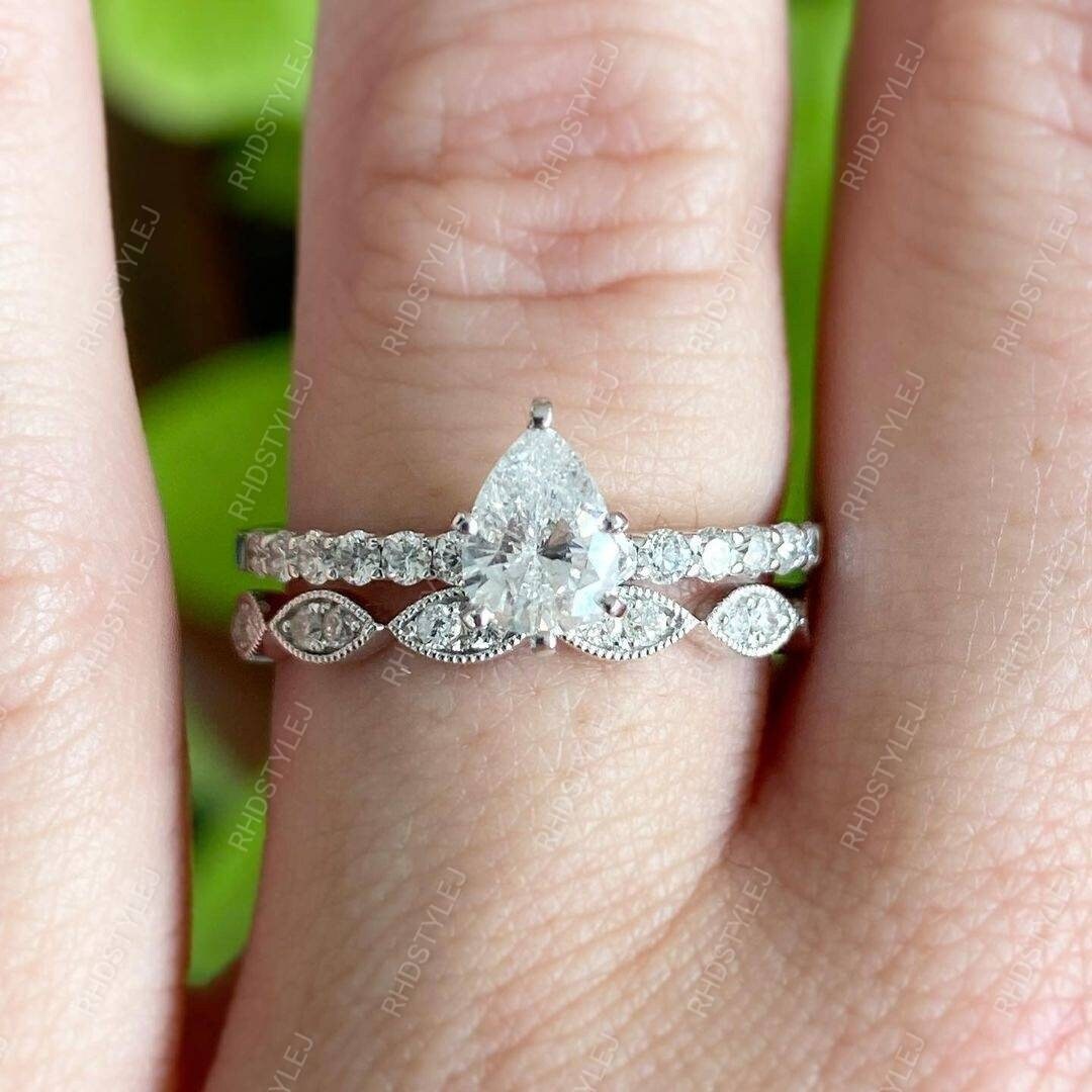 Pear Shaped Solitaire Engagement Ring Set, Moissanite Art Deco Wedding ...