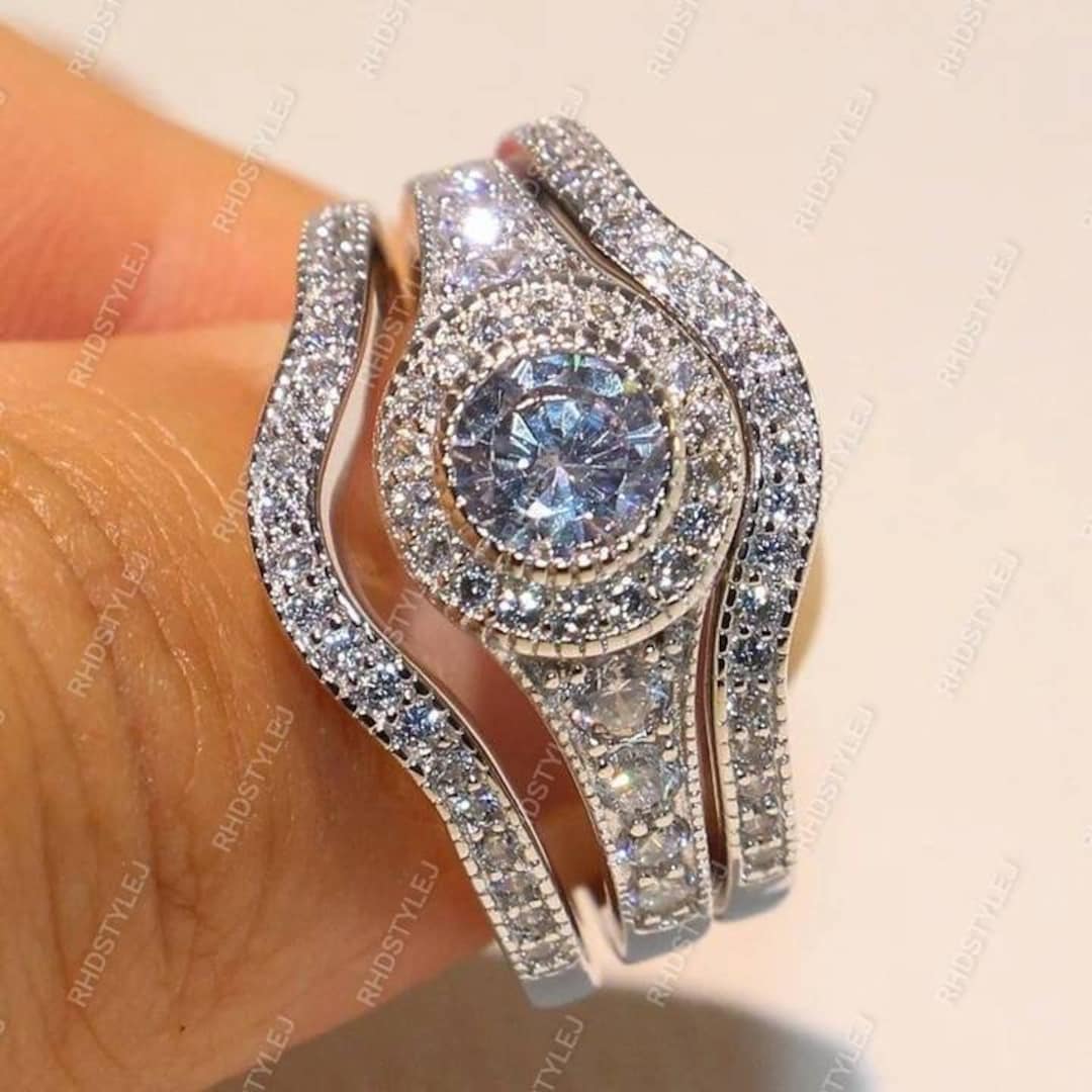 Silver 3 Pcs Wedding Ring Set for Women, Art Deco Vintage Bridal Ring ...