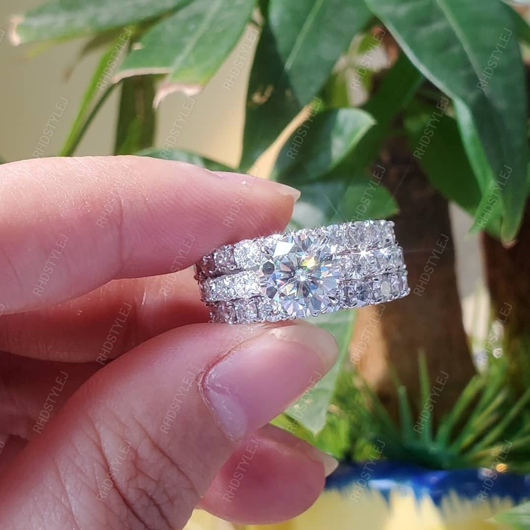 3 Pcs Bridal Wedding Ring Set, 2 Matching Half Eternity Band, Solitaire ...