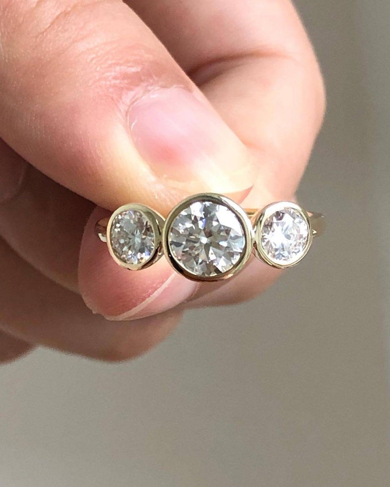Bezel Set Three Stone Ring 3 Stone Moissanite Engagement - Etsy