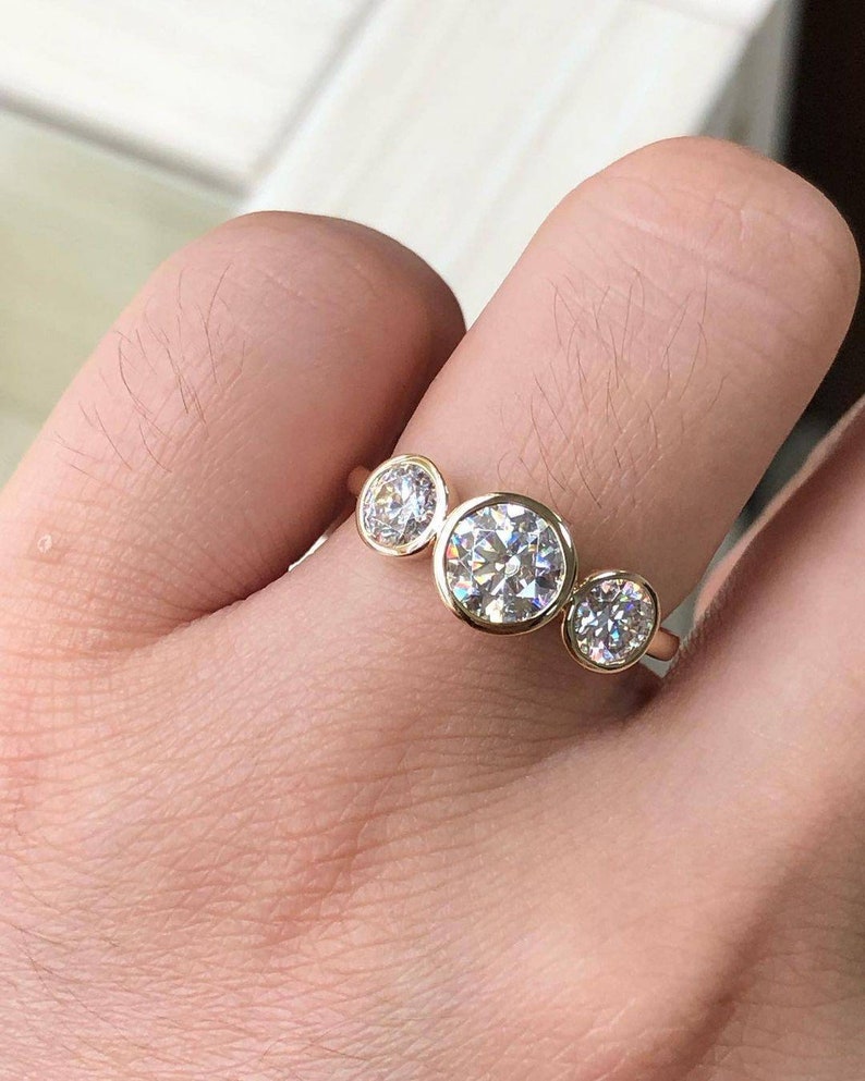 Bezel Set 3 Stone Moissanite Engagement Ring, Three Stone Classic Rings ...