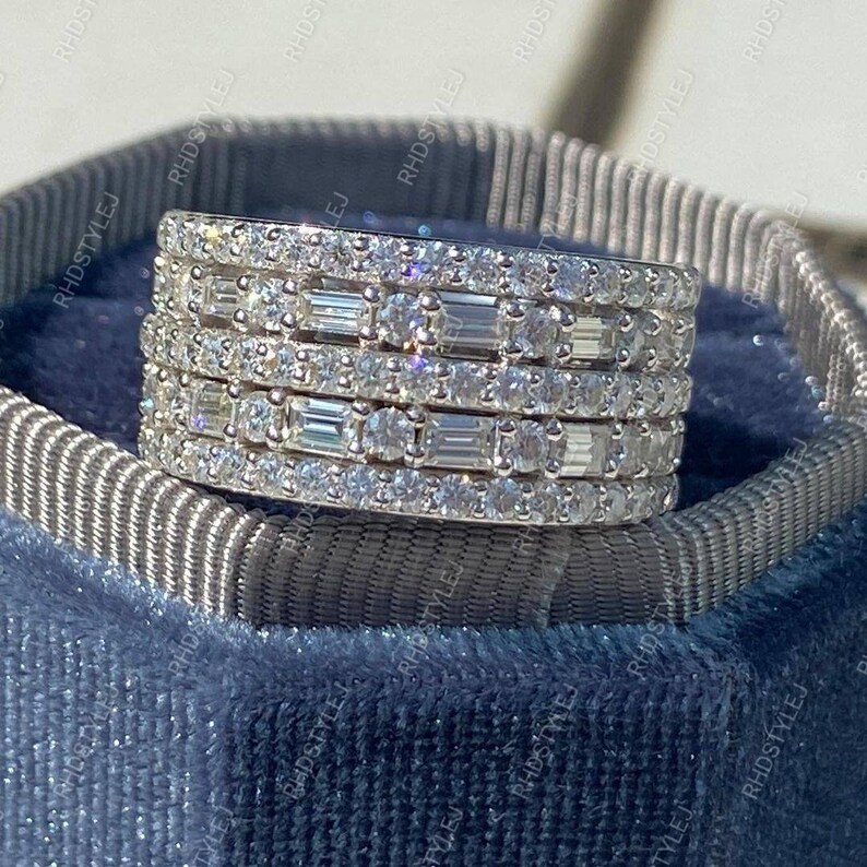 Five Row Wide Band Rings for Women, Round and Baguette Moissanite ...