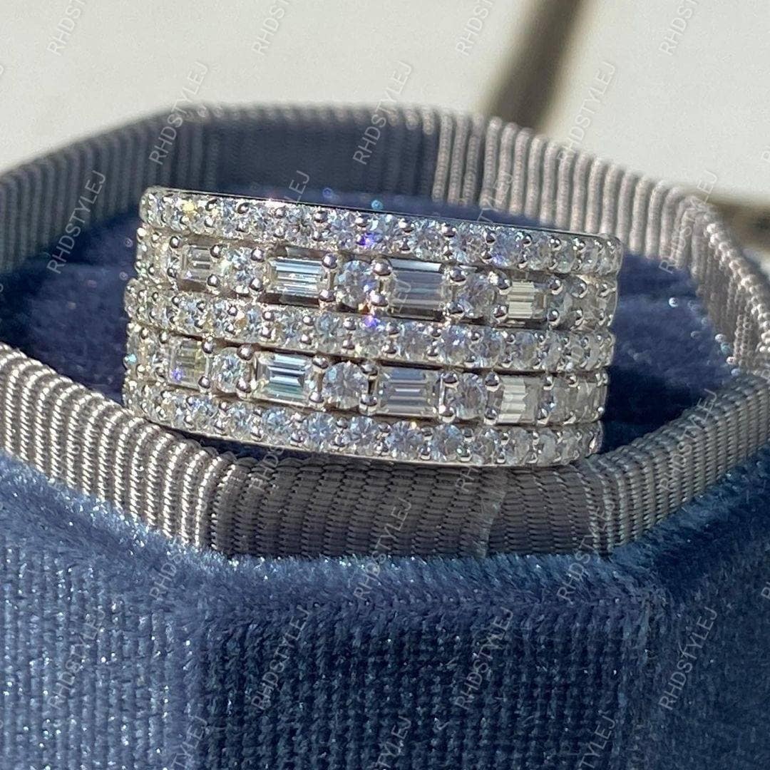 Five Row Wide Band Rings for Women, Round and Baguette Moissanite Anniversary Band, Silver Wide ...