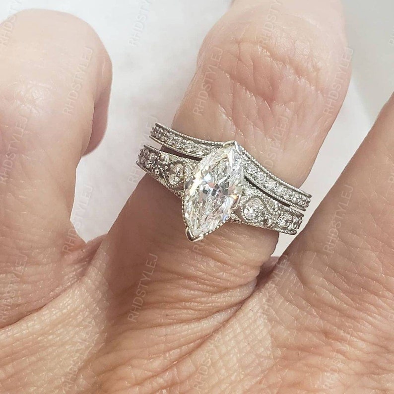 Vintage Wedding Ring Set Art Deco Milgrain Bridal Engagement - Etsy