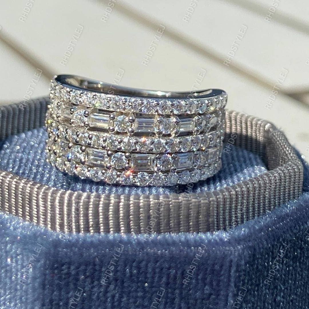Five Row Wide Band Rings for Women, Round and Baguette Moissanite ...