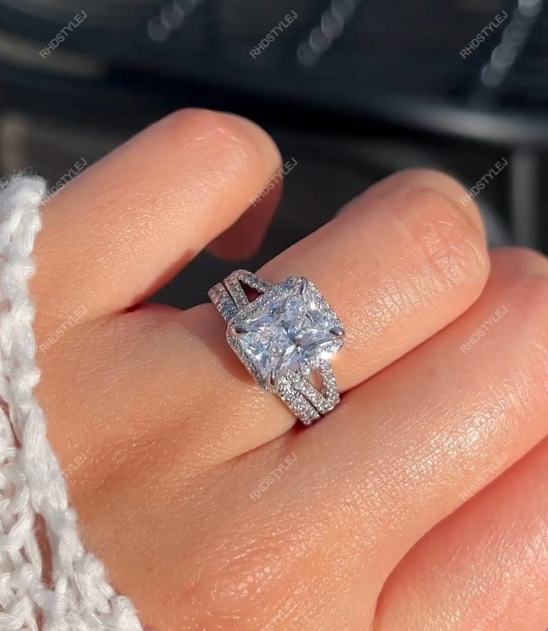 Split Shank Radiant Cut Halo Engagement Ring, Moissanite Radiant Cut ...