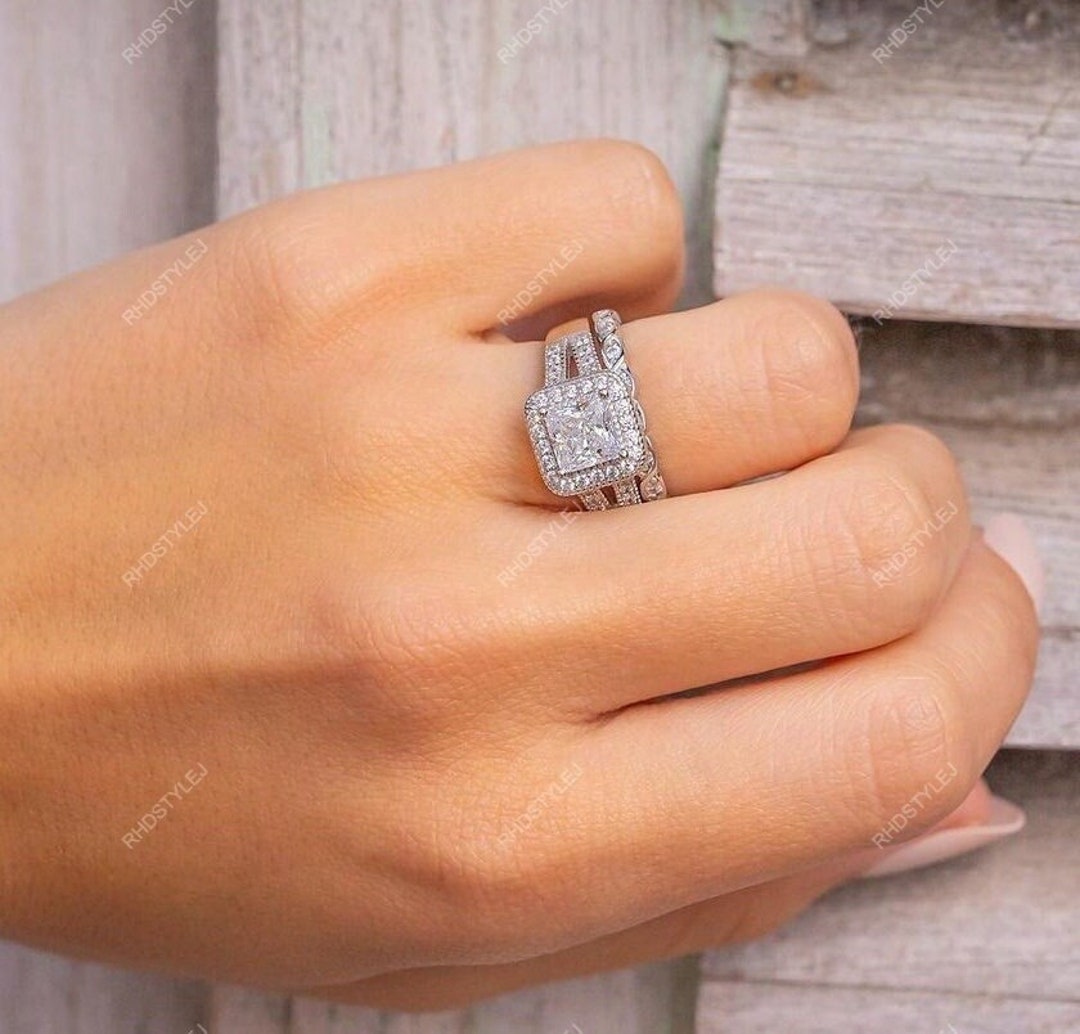 Art Deco Princess Cut Halo Engagement Ring, Moissanite Princess Cut ...