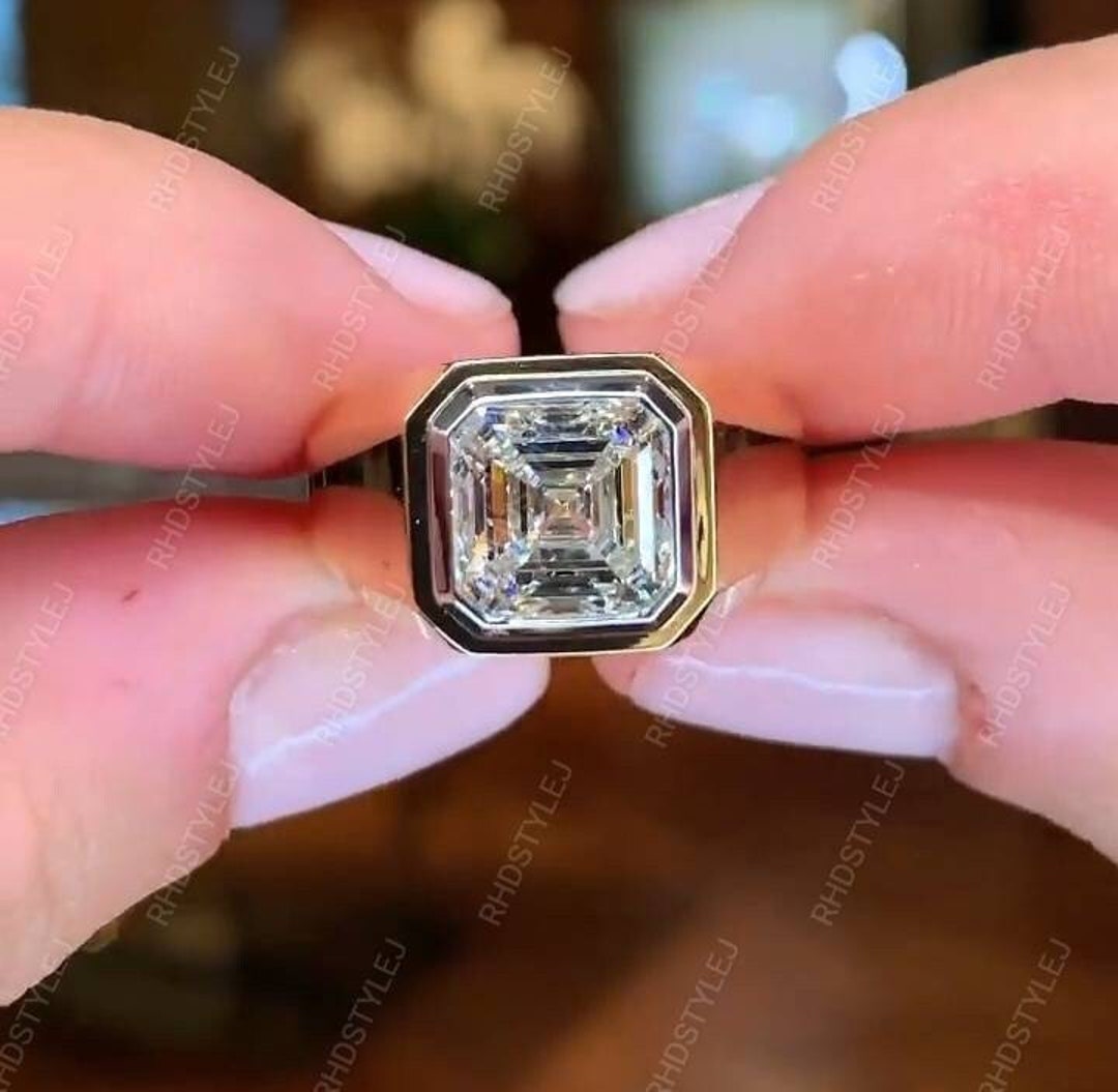 3.50 Ct Asscher Cut Moissanite Mens Ring, Bezel Set Asscher Cut ...