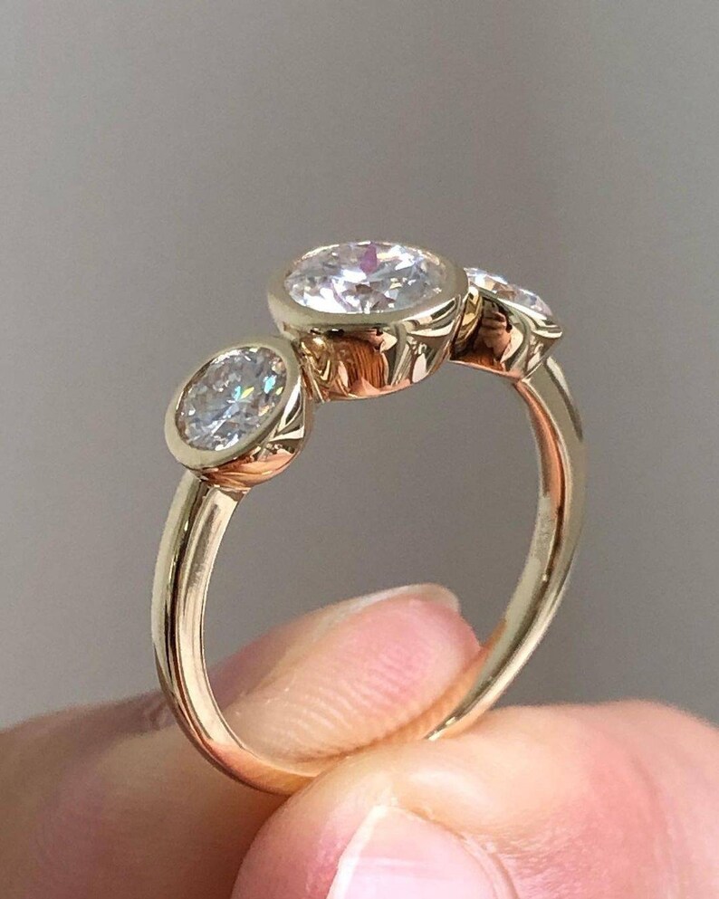 Bezel Set Three Stone Ring, 3 Stone Moissanite Engagement Ring, Triple Round Moissanite Ring ...