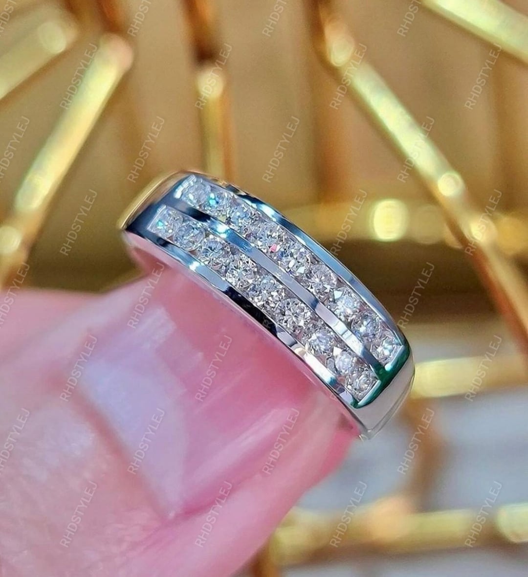 Channel Set Double Row Wedding Bands, Moissanite Wide Anniversary Rings ...