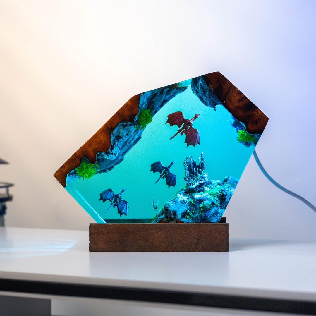 Fire Dargon Ice Dragon Epoxy Resin Night Light, Handmade Wood Resin ...