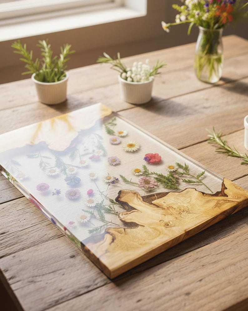 Large Epoxy Wood Serving Board With Real Dried Flower, Unique Botanical ...