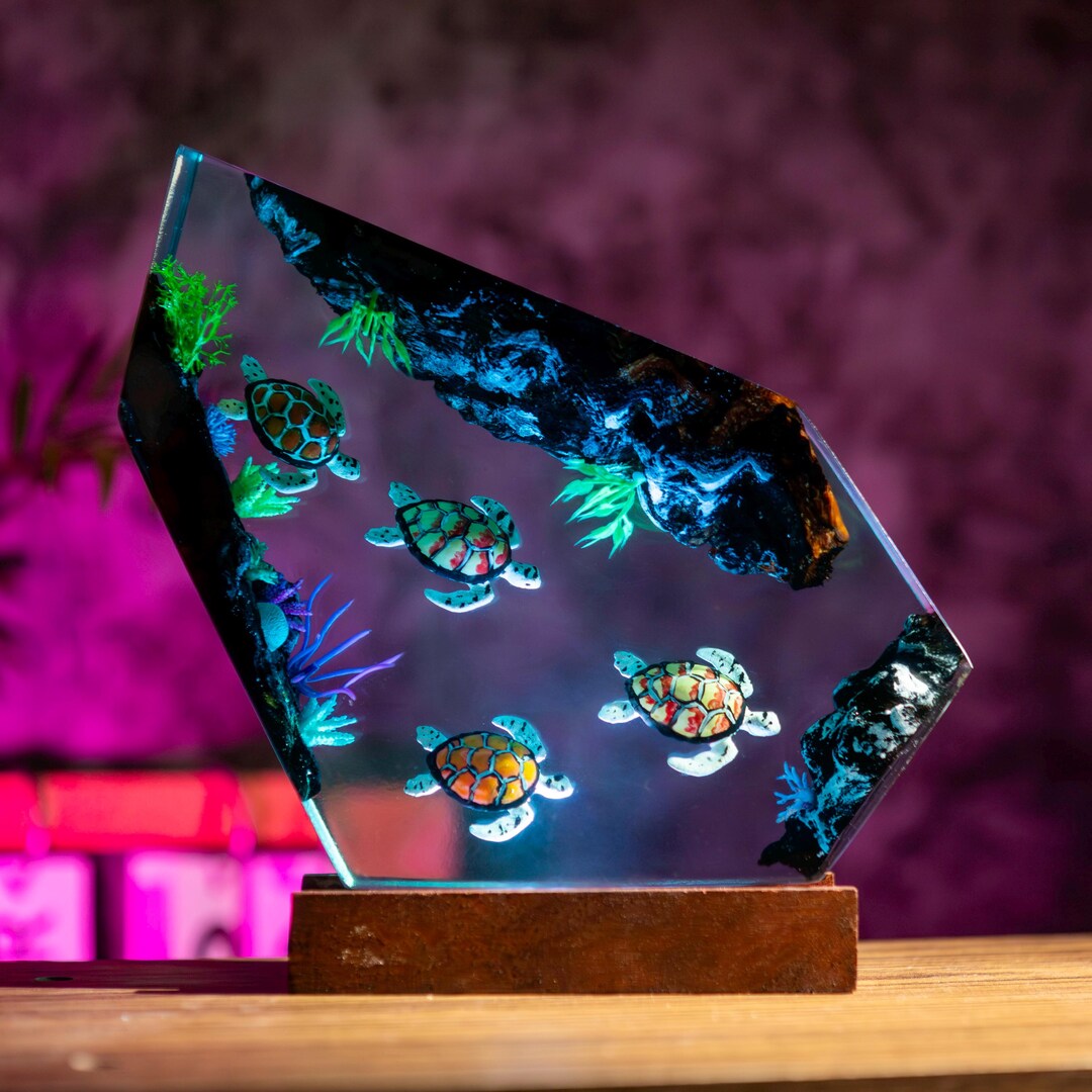 Sea Turtles & Coral Epoxy Resin Night Light, Marine Life Lamp, Coral ...