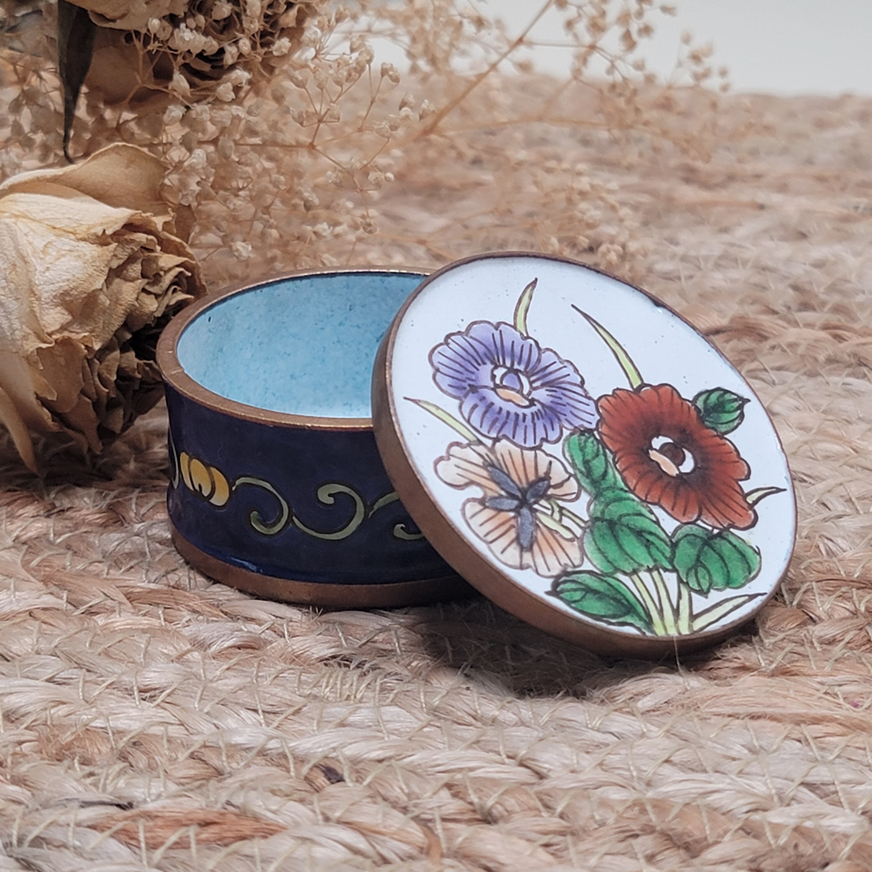 Vintage Enameled Lidded Trinket Box, Floral Round Pill Box, Vintage ...