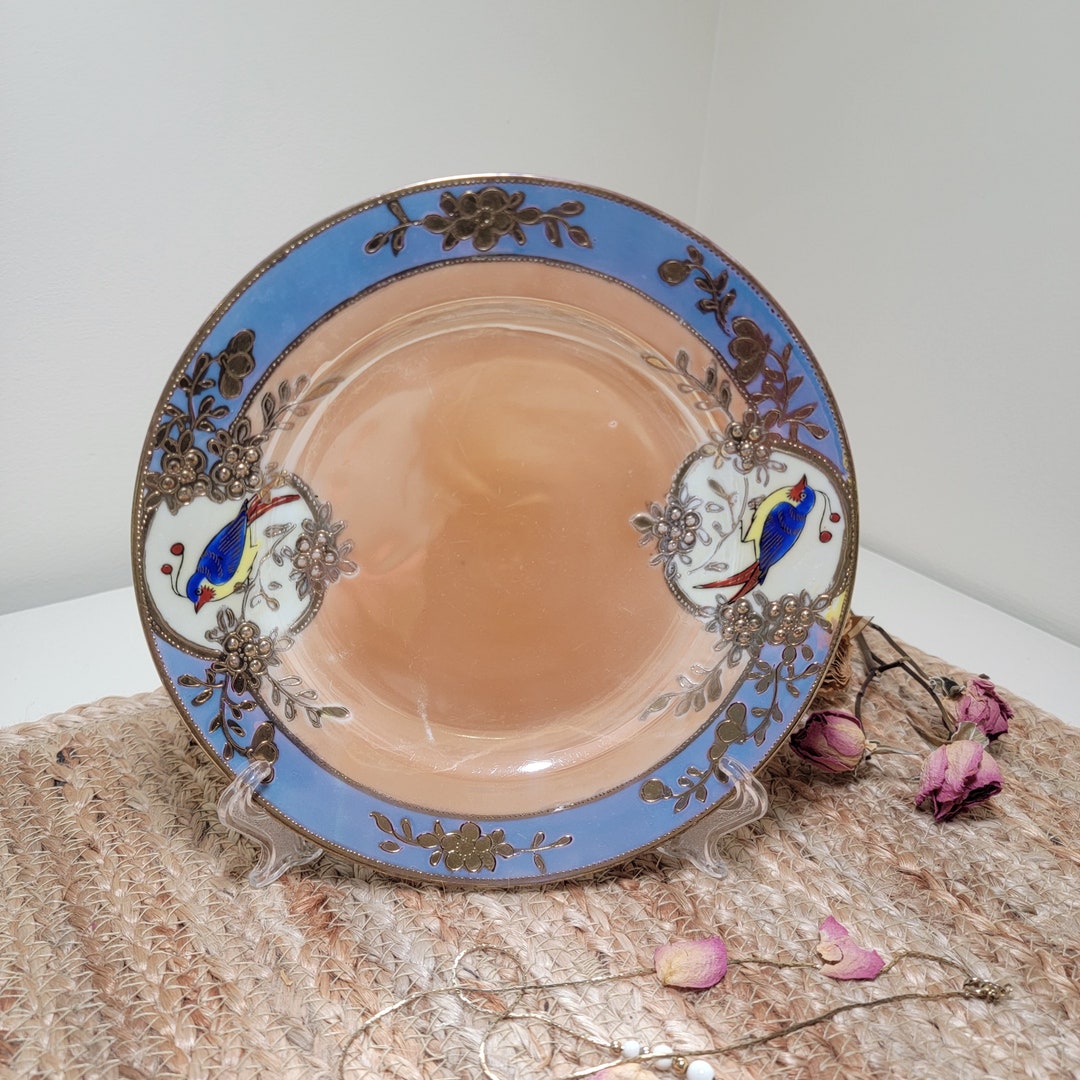 Vintage Peach and Blue Lusterware Dish, Hand Painted Ornate Bird Design ...
