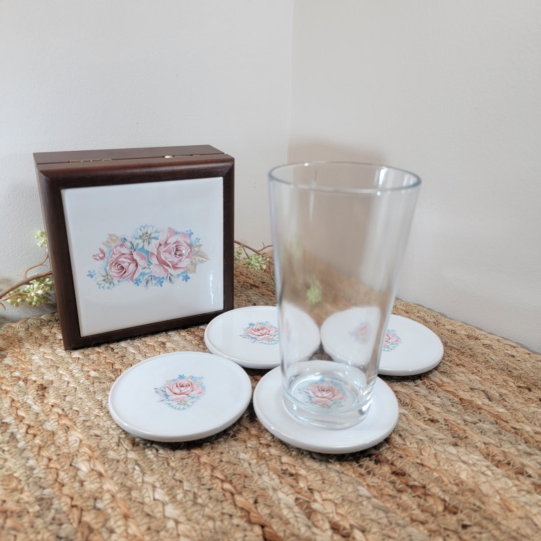 Vintage Set of Four Porcelain Coasters in a Wooden Box, Floral Vintage ...