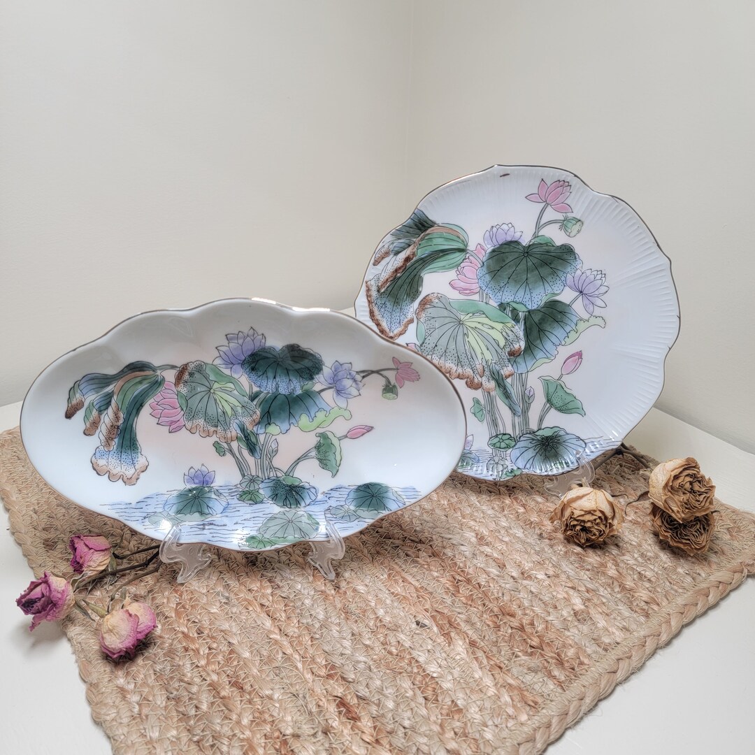 Vintage Chinese Lilly Pad Lotus Flower Porcelain Matching Dishes, Set ...