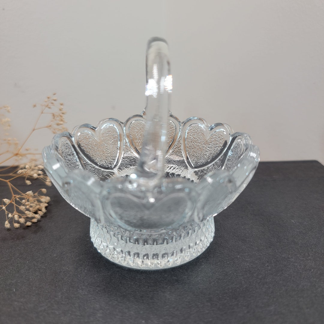Vintage Clear Glass Basket With Hearts Edge, Vintage Clear Glass Mini ...