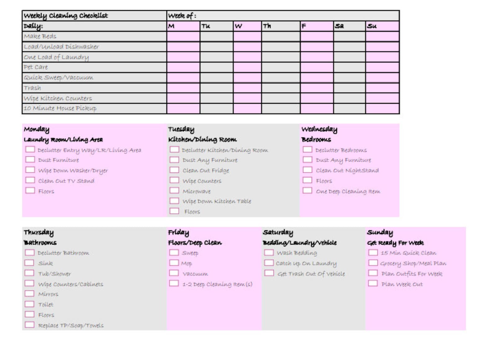 Weekly Cleaning Checklist, Monthly Cleaning Checklist, Bi-yearly ...