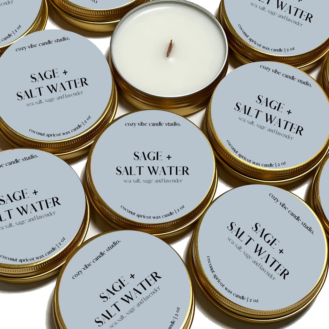 Sage + Salt Water Candle: 2oz Gold Travel Tin, Coconut-apricot Wax - Etsy