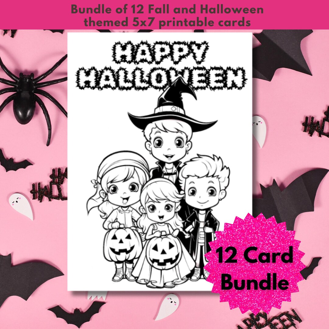 Halloween and Fall Coloring Card Bundle 12 5x7 Happy Holiday Cards ...