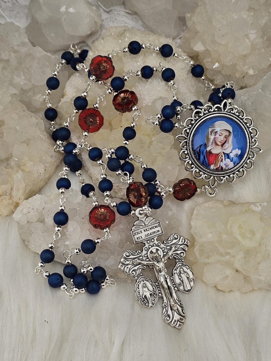 Praying Mary Rosary. Made With Blue Druzy and Red Flower Czech Crystals ...