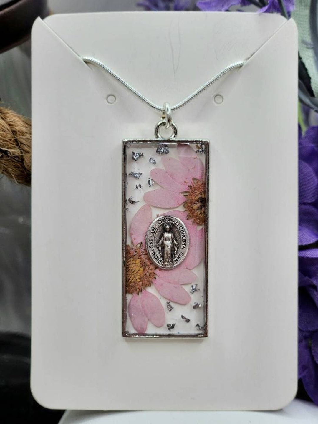 Miraculous Medal Pendant Necklace. Pink Real Pressed Flowers. Religious ...