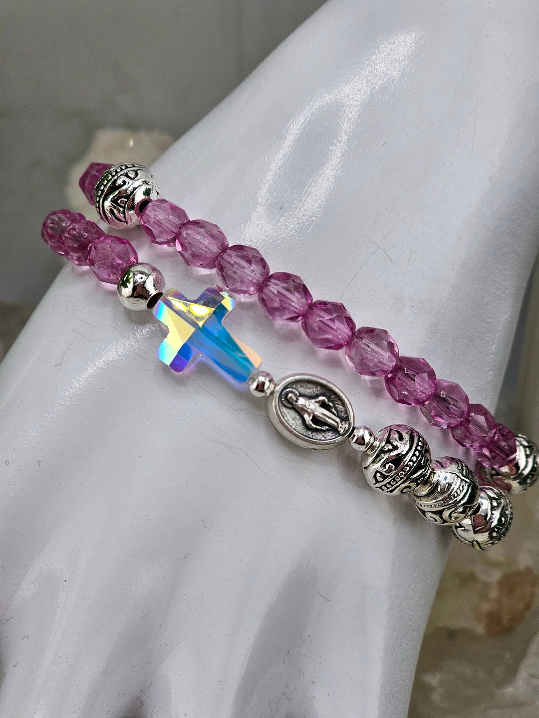 Rosary Bracelet, Rose Pink Czech Crystal Beads and Tibetan Silver ...