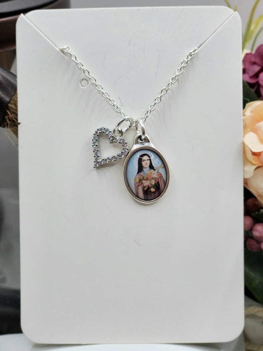 Tiny St. Therese of Lisieux Medal Necklace With Crystal Heart. Saint ...