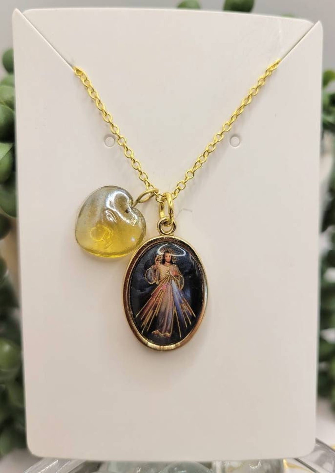 Divine Mercy Medal Necklace With Glass Heart Accent. St. Faustina on ...