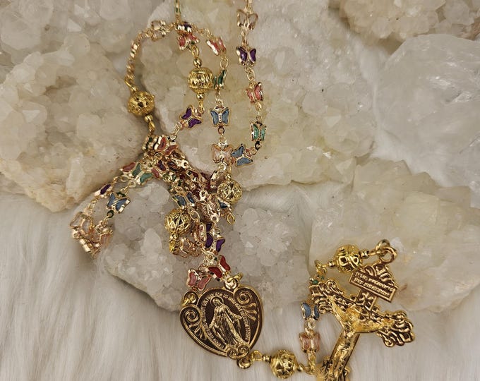 Miraculous Medal Rosary Crafted With Multi-colored Butterfly Crystal ...
