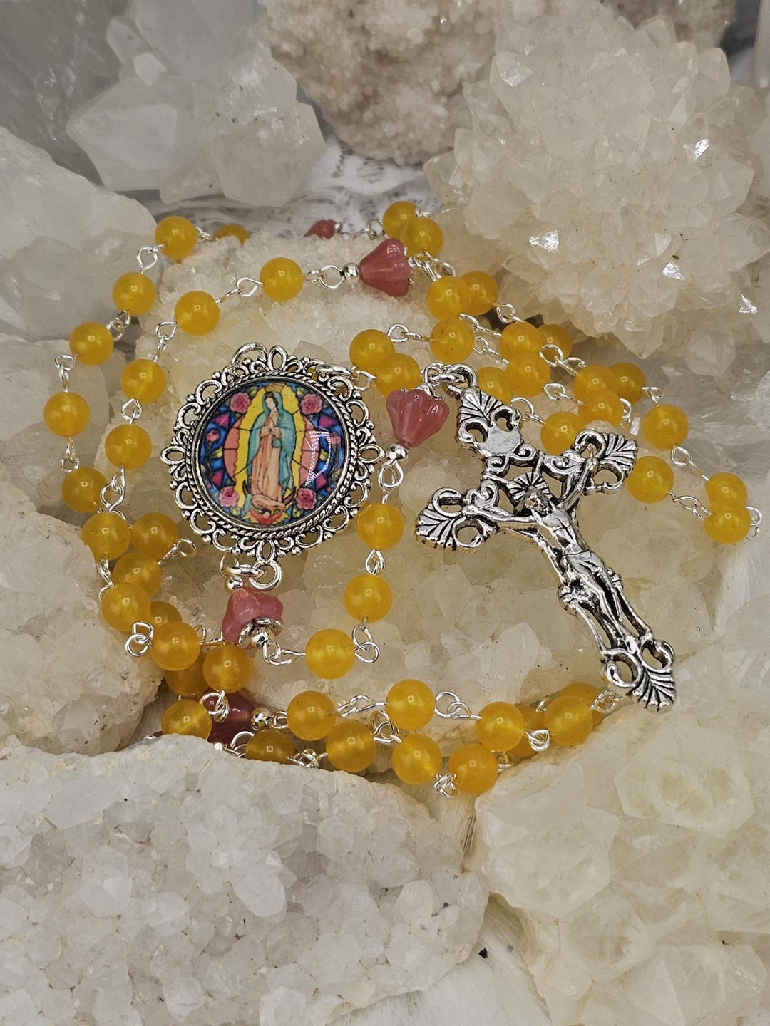 Our Lady of Guadalupe Rosary. Made With Yellow Jade and Pink Czech ...