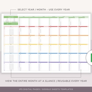 Monthly Calendar Spreadsheet Template, Google Sheets Template, Task ...